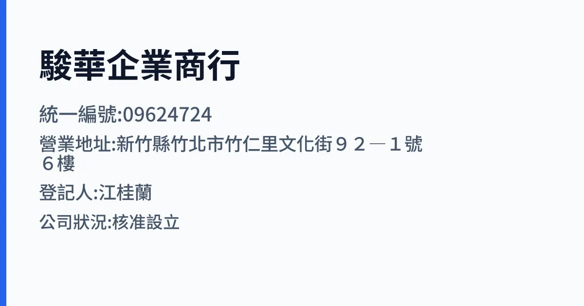 駿華企業商行 - 統編 09624724(新竹縣) 公司登記資料與營業項目詳細圖表