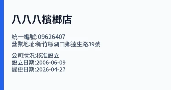 八八八檳榔店的照片-統編 09626407(新竹縣) 公司登記資料與營業項目詳細圖表
