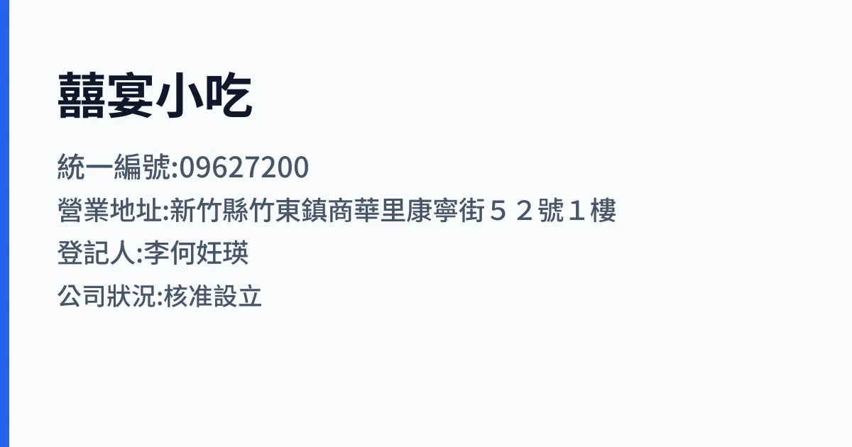 囍宴小吃 - 統編 09627200(新竹縣) 公司登記資料與營業項目詳細圖表
