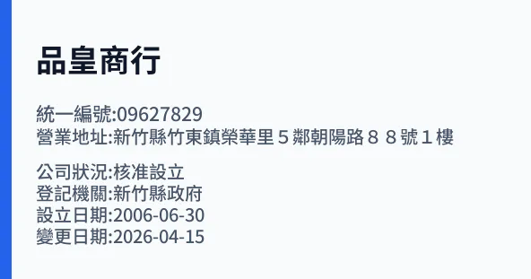 品皇商行的照片-統編 09627829(新竹縣) 公司登記資料與營業項目詳細圖表