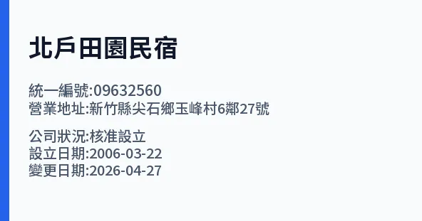 北戶田園民宿的照片-統編 09632560(新竹縣) 公司登記資料與營業項目詳細圖表