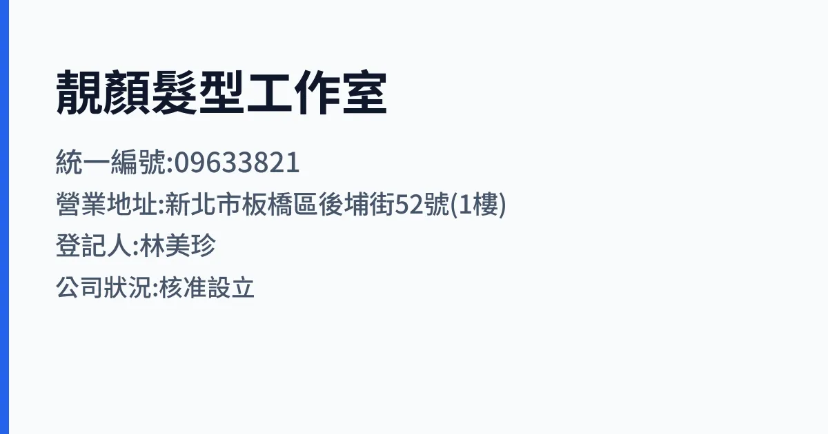 靚顏髮型工作室 - 統編 09633821(新北市) 公司登記資料與營業項目詳細圖表