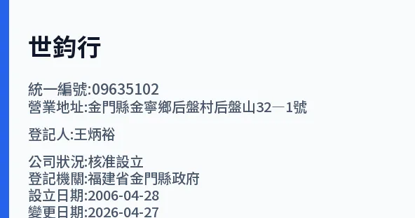 世鈞行的照片-統編 09635102(金門縣) 公司登記資料與營業項目詳細圖表