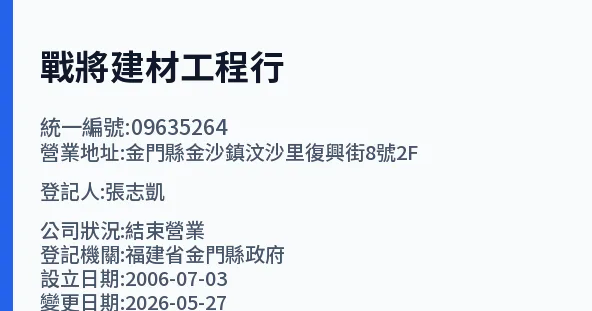 戰將建材工程行的照片-統編 09635264(金門縣) 公司登記資料與營業項目詳細圖表