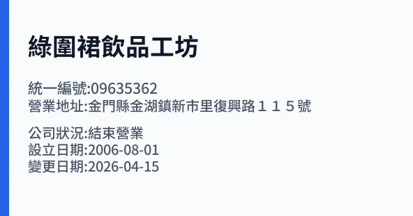綠圍裙飲品工坊的照片-統編 09635362(金門縣) 公司登記資料與營業項目詳細圖表