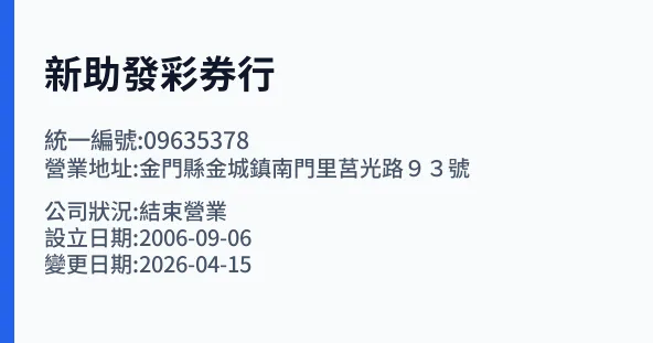 新助發彩券行的照片-統編 09635378(金門縣) 公司登記資料與營業項目詳細圖表