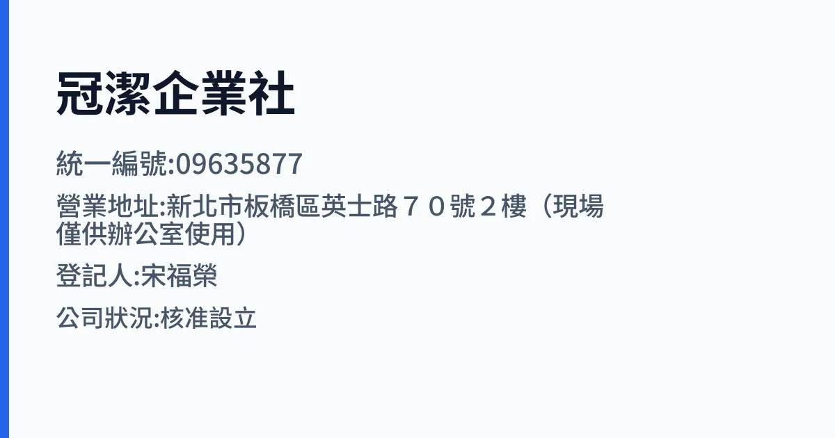 冠潔企業社 - 統編 09635877(新北市) 公司登記資料與營業項目詳細圖表