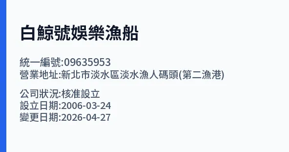 白鯨號娛樂漁船的照片-統編 09635953(新北市) 公司登記資料與營業項目詳細圖表