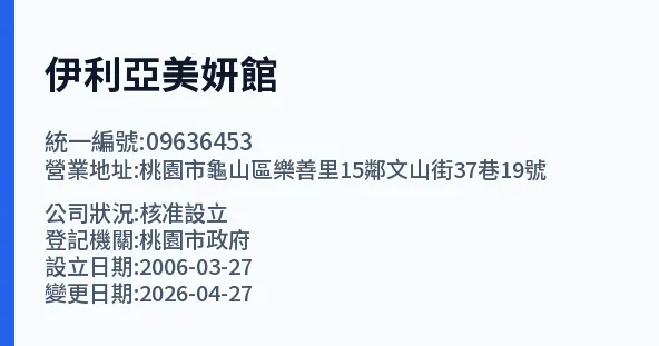 伊利亞美妍館的照片-統編 09636453(桃園市) 公司登記資料與營業項目詳細圖表