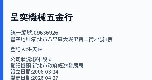 呈奕機械五金行的照片-統編 09636926(新北市) 公司登記資料與營業項目詳細圖表