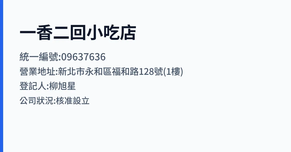 一香二回小吃店 - 統編 09637636(新北市) 公司登記資料與營業項目詳細圖表
