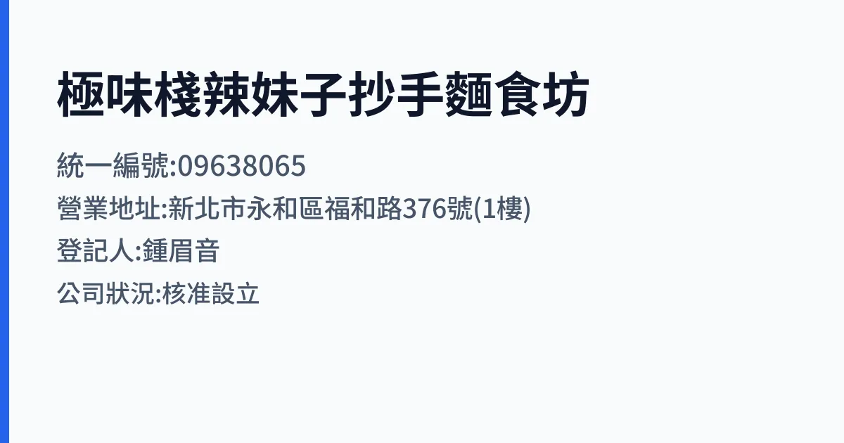 極味棧辣妹子抄手麵食坊 - 統編 09638065(新北市) 公司登記資料與營業項目詳細圖表
