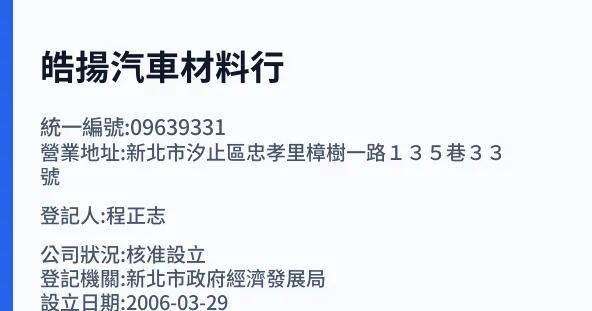 皓揚汽車材料行的照片-統編 09639331(新北市) 公司登記資料與營業項目詳細圖表