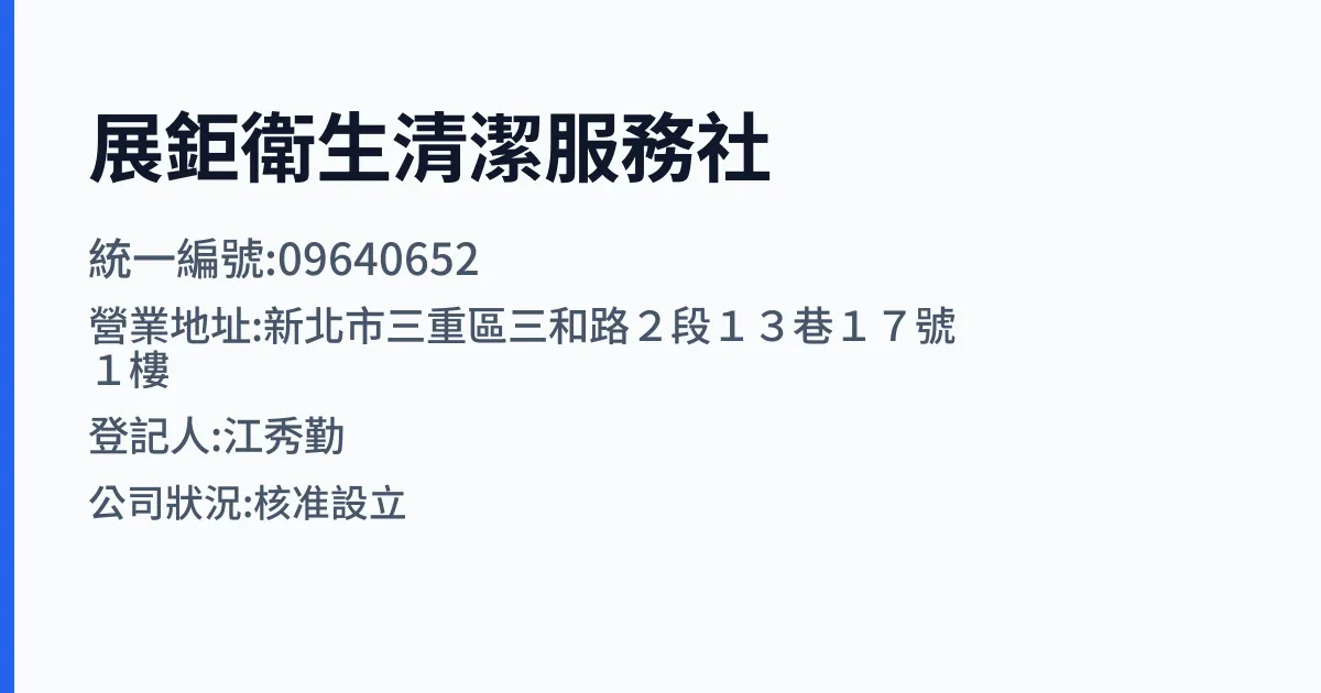 展鉅衛生清潔服務社 - 統編 09640652(新北市) 公司登記資料與營業項目詳細圖表