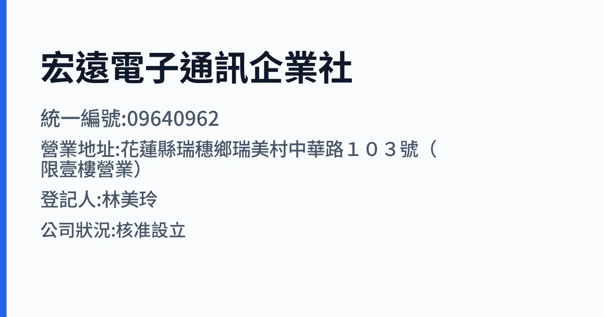 宏遠電子通訊企業社 - 統編 09640962(花蓮縣) 公司登記資料與營業項目詳細圖表