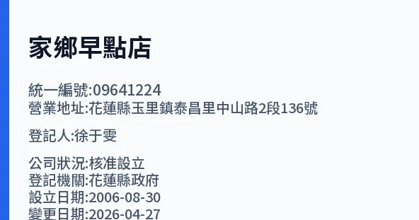 家鄉早點店的照片-統編 09641224(花蓮縣) 公司登記資料與營業項目詳細圖表