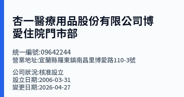 杏一醫療用品股份有限公司博愛住院門市部的照片-統編 09642244(宜蘭縣) 公司登記資料與營業項目詳細圖表