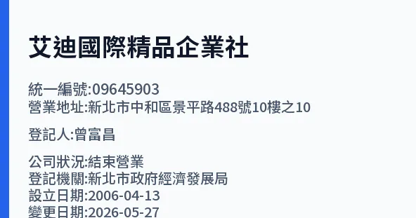 艾迪國際精品企業社的照片-統編 09645903(新北市) 公司登記資料與營業項目詳細圖表
