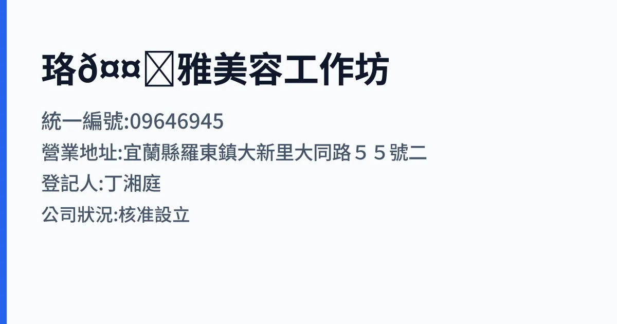 珞𤤗雅美容工作坊 - 統編 09646945(宜蘭縣) 公司登記資料與營業項目詳細圖表
