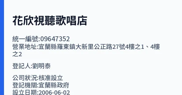 花欣視聽歌唱店的照片-統編 09647352(宜蘭縣) 公司登記資料與營業項目詳細圖表