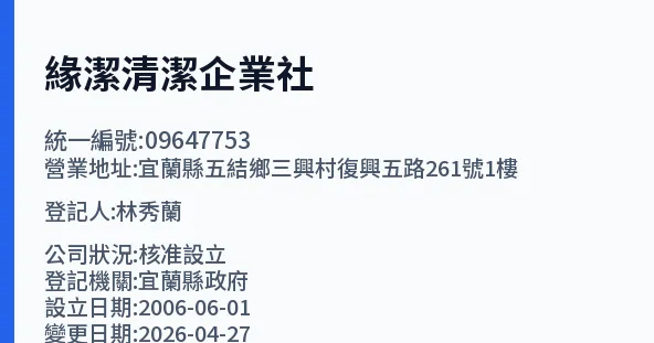 緣潔清潔企業社的照片-統編 09647753(宜蘭縣) 公司登記資料與營業項目詳細圖表