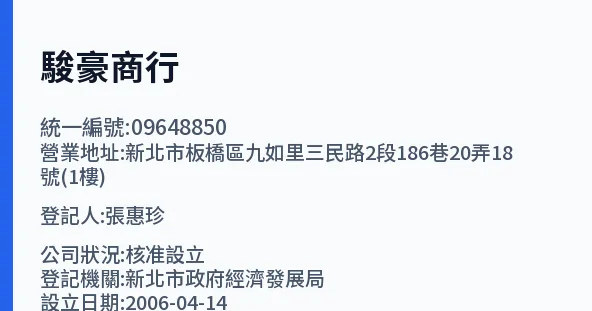 駿豪商行的照片-統編 09648850(新北市) 公司登記資料與營業項目詳細圖表