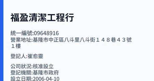 福盈清潔工程行的照片-統編 09648916(基隆市) 公司登記資料與營業項目詳細圖表