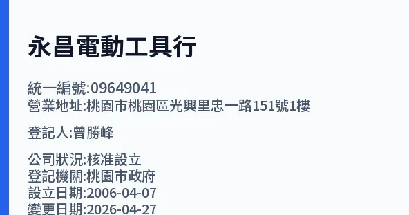 永昌電動工具行的照片-統編 09649041(桃園市) 公司登記資料與營業項目詳細圖表