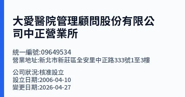 大愛醫院管理顧問股份有限公司中正營業所的照片-統編 09649534(新北市) 公司登記資料與營業項目詳細圖表