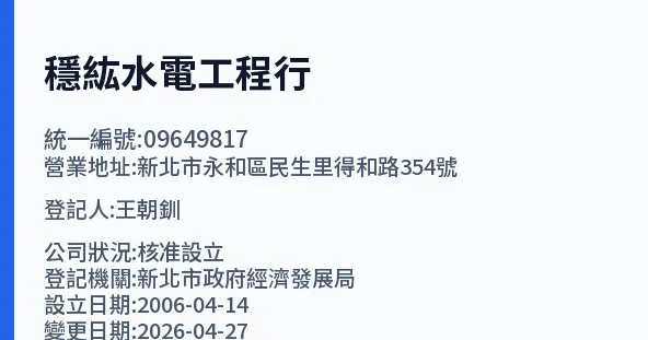 穩紘水電工程行的照片-統編 09649817(新北市) 公司登記資料與營業項目詳細圖表