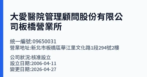 大愛醫院管理顧問股份有限公司板橋營業所的照片-統編 09650031(新北市) 公司登記資料與營業項目詳細圖表