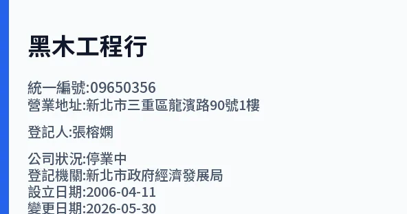 黑木工程行的照片-統編 09650356(新北市) 公司登記資料與營業項目詳細圖表