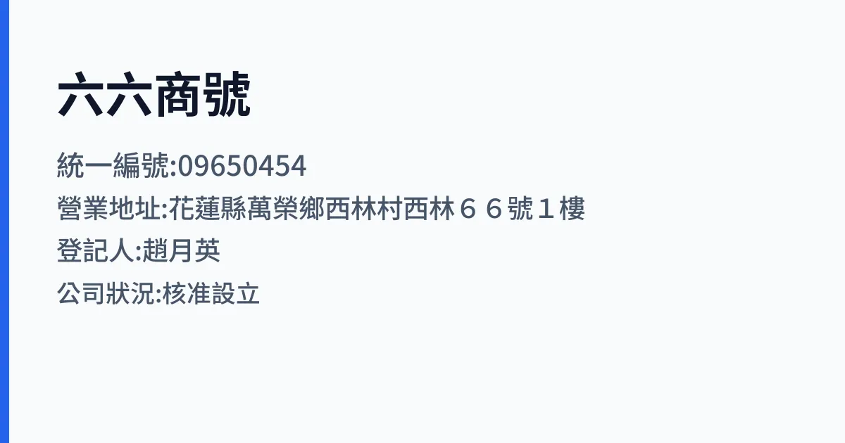 六六商號 - 統編 09650454(花蓮縣) 公司登記資料與營業項目詳細圖表