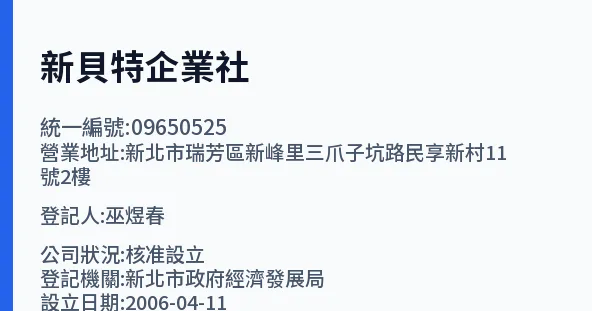 新貝特企業社的照片-統編 09650525(新北市) 公司登記資料與營業項目詳細圖表