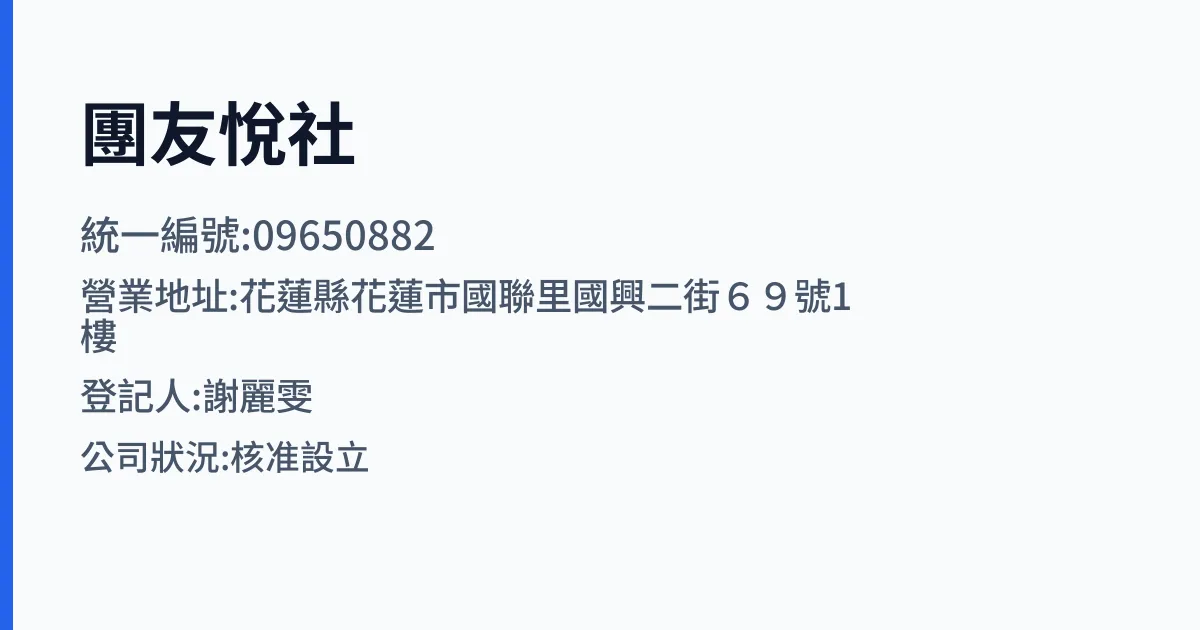 團友悅社 - 統編 09650882(花蓮縣) 公司登記資料與營業項目詳細圖表
