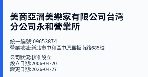 美商亞洲美樂家有限公司台灣分公司永和營業所的照片-統編 09653874(新北市) 公司登記資料與營業項目詳細圖表