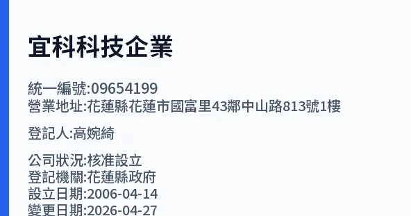 宜科科技企業的照片-統編 09654199(花蓮縣) 公司登記資料與營業項目詳細圖表