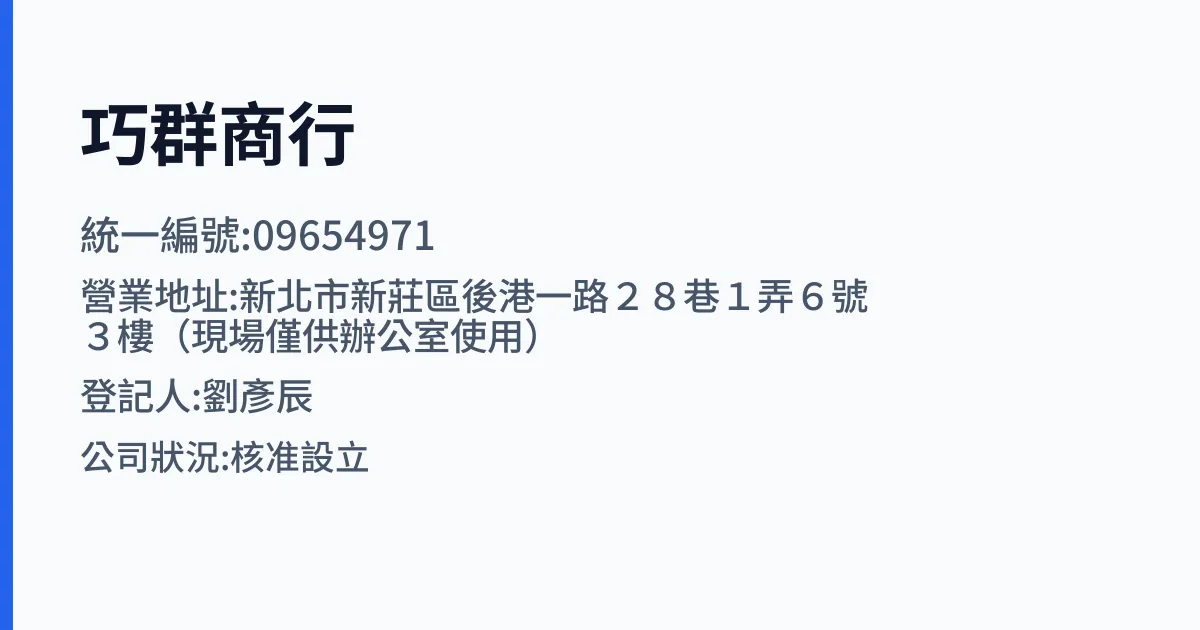 巧群商行 - 統編 09654971(新北市) 公司登記資料與營業項目詳細圖表