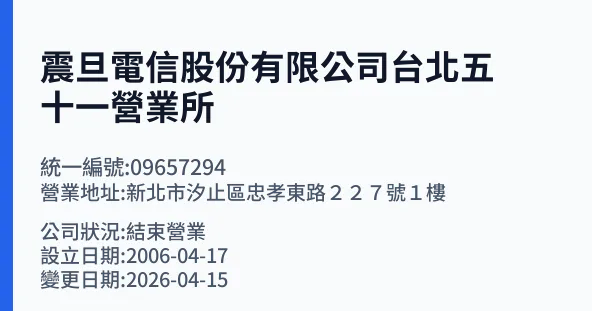 震旦電信股份有限公司台北五十一營業所的照片-統編 09657294(新北市) 公司登記資料與營業項目詳細圖表
