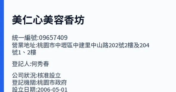 美仁心美容香坊的照片-統編 09657409(桃園市) 公司登記資料與營業項目詳細圖表