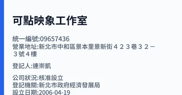 可點映象工作室的照片-統編 09657436(新北市) 公司登記資料與營業項目詳細圖表