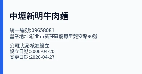 中壢新明牛肉麵的照片-統編 09658081(新北市) 公司登記資料與營業項目詳細圖表