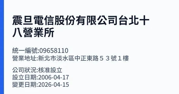 震旦電信股份有限公司台北十八營業所的照片-統編 09658110(新北市) 公司登記資料與營業項目詳細圖表