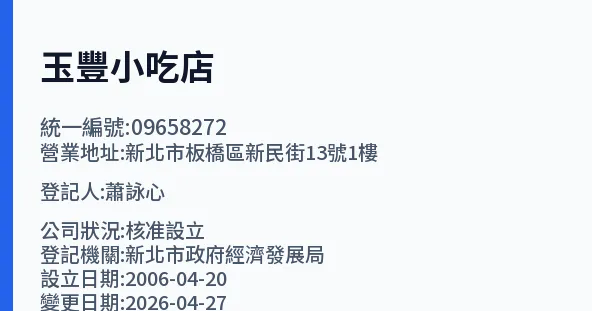 玉豐小吃店的照片-統編 09658272(新北市) 公司登記資料與營業項目詳細圖表