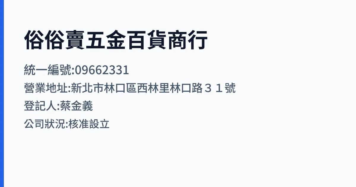 俗俗賣五金百貨商行 - 統編 09662331(新北市) 公司登記資料與營業項目詳細圖表