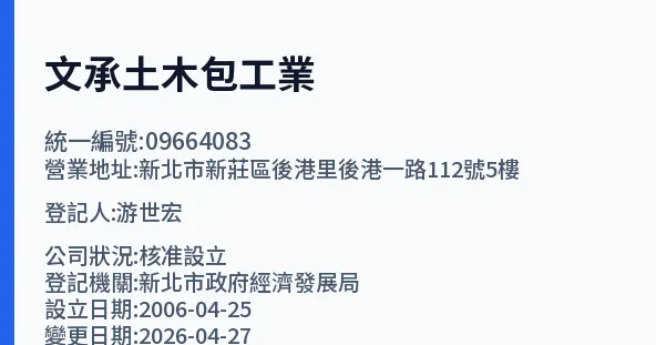 文承土木包工業的照片-統編 09664083(新北市) 公司登記資料與營業項目詳細圖表