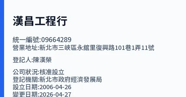 漢昌工程行的照片-統編 09664289(新北市) 公司登記資料與營業項目詳細圖表