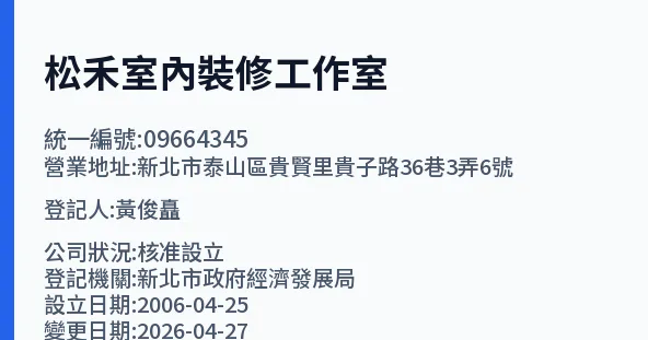 松禾室內裝修工作室的照片-統編 09664345(新北市) 公司登記資料與營業項目詳細圖表