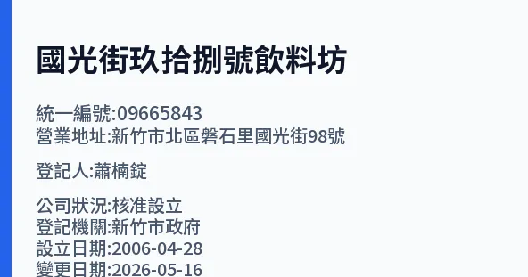 國光街玖拾捌號飲料坊的照片-統編 09665843(新竹市) 公司登記資料與營業項目詳細圖表