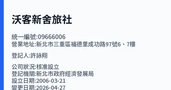 沃客新舍旅社的照片-統編 09666006(新北市) 公司登記資料與營業項目詳細圖表